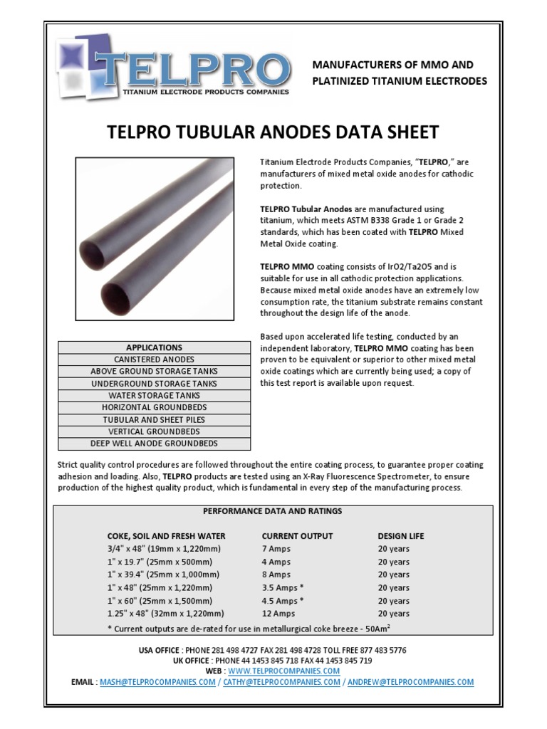 Telpro Tubular Anodes Data Sheet PDF | PDF | Anode | Chemistry