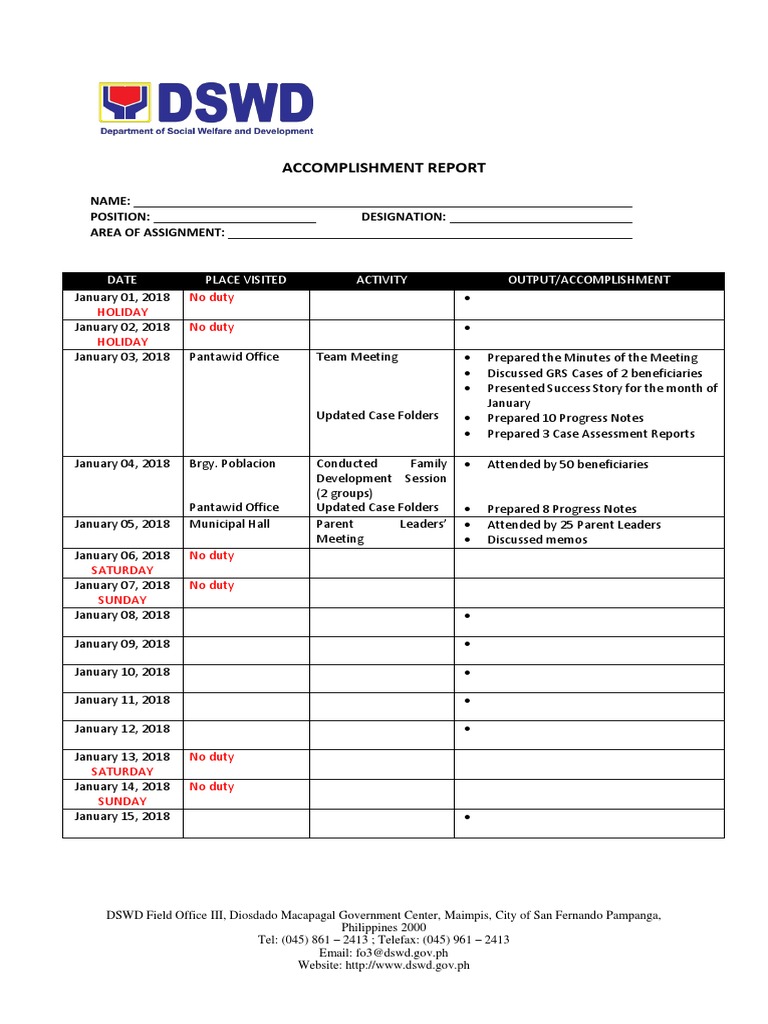 Accomplishment Report: Name: Position: Designation: Area of Assignment ...