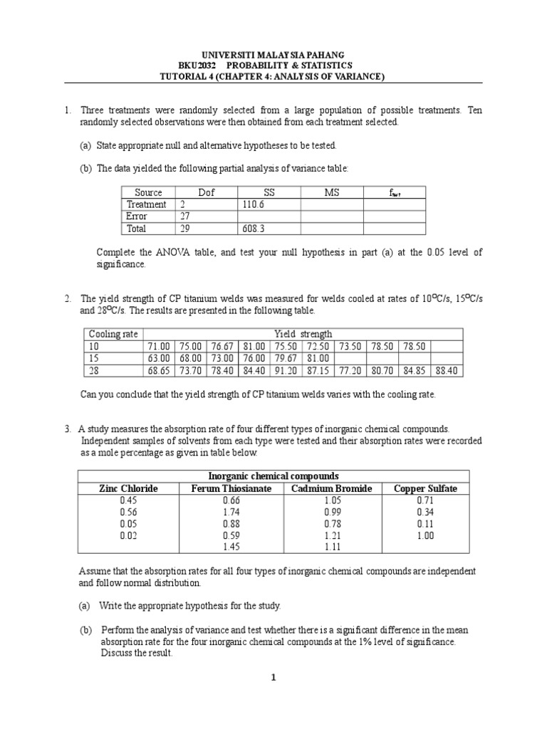 Universiti Malaysia Pahang BKU2032 Probability & Statistics Tutorial 4 (Chapter 4: Analysis of ...