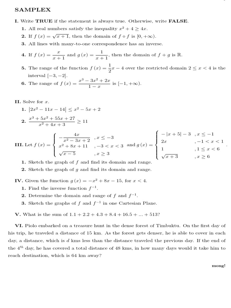 Math 11 - 19 Samplex PDF | PDF | Function (Mathematics) | Space