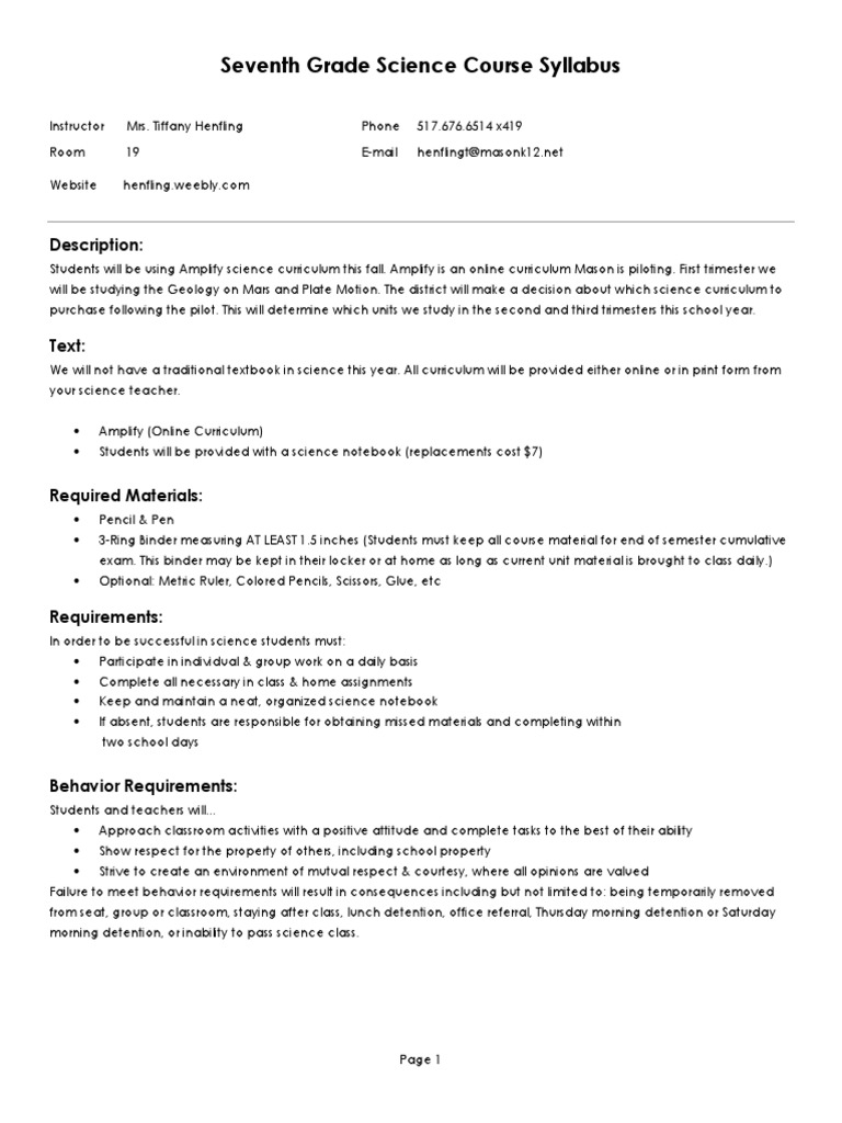 2018-2019 Henfling Seventh Grade Course Syllabus | PDF | Homework ...