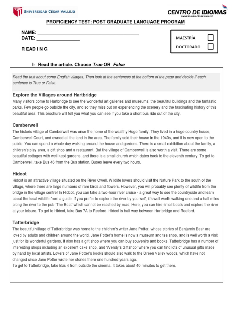 Proficiency Test - Post Graduate Language Program Mirtha | PDF | Color
