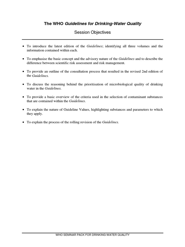 The WHO Guidelines For Drinking-Water Quality: Session Objectives | PDF ...