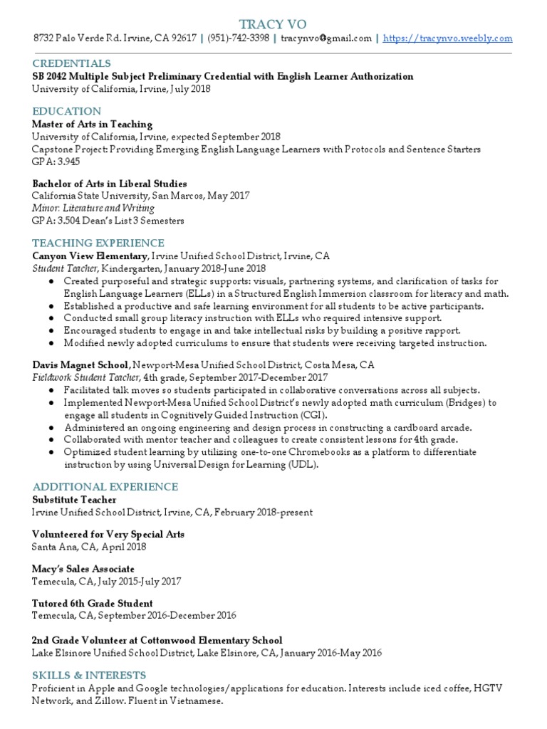 Resume Tracy Vo | PDF | Teachers | Curriculum