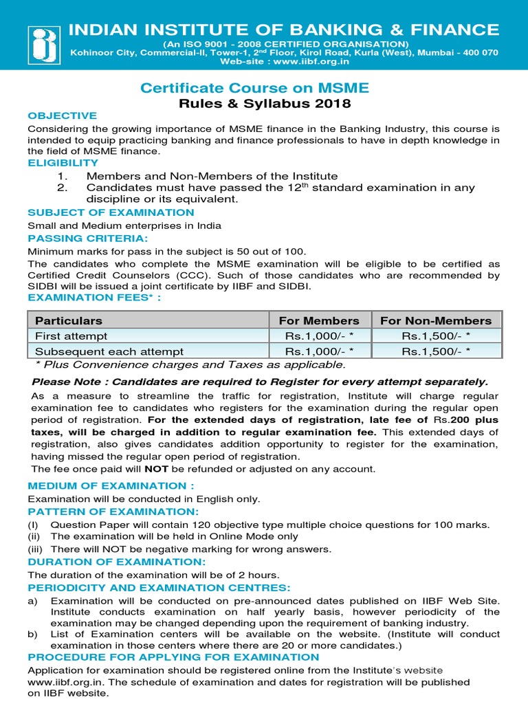 Certificate In MSME Rules And Syllabus 2018 Equipping Banking