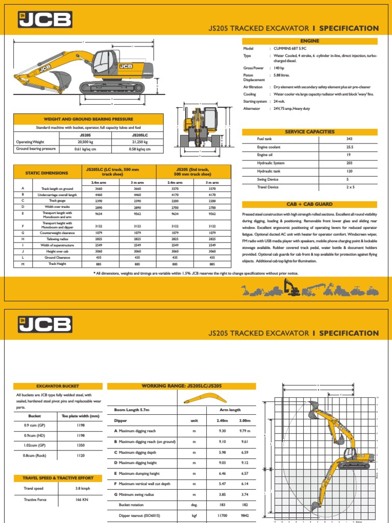 Js205 Tracked Excavator I Specification: Engine | PDF | Brake | Pump