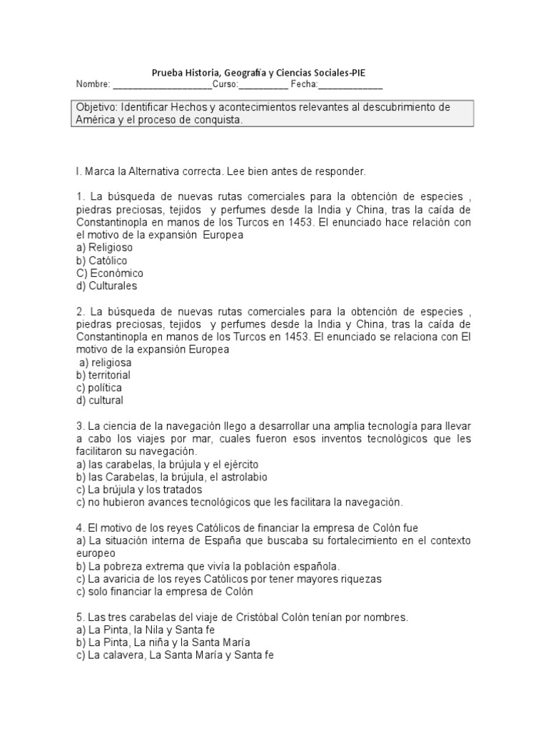 Prueba Descubrimiento y Conquista de America | PDF | Cristobal colon ...