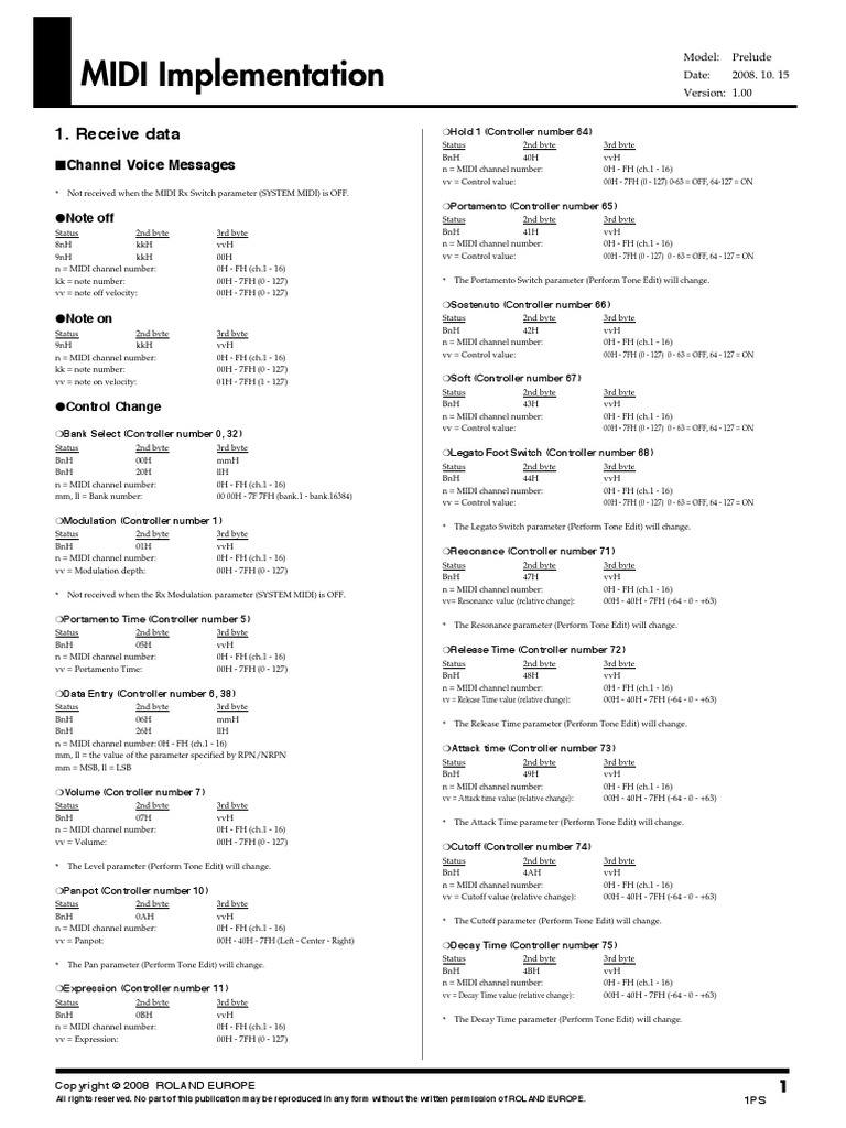 MIDI Implementation: 1. Receive Data | PDF | Cent (Music) | Sound