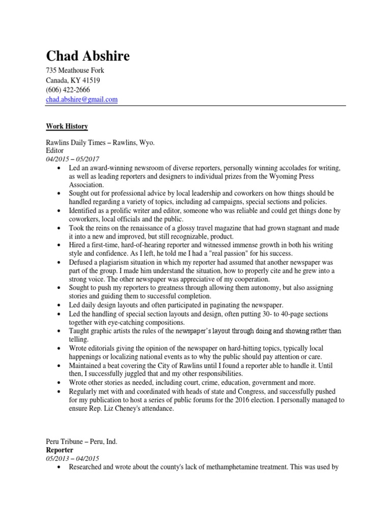 Abshire, Chad Resume | Download Free PDF | Newspapers | Journalism