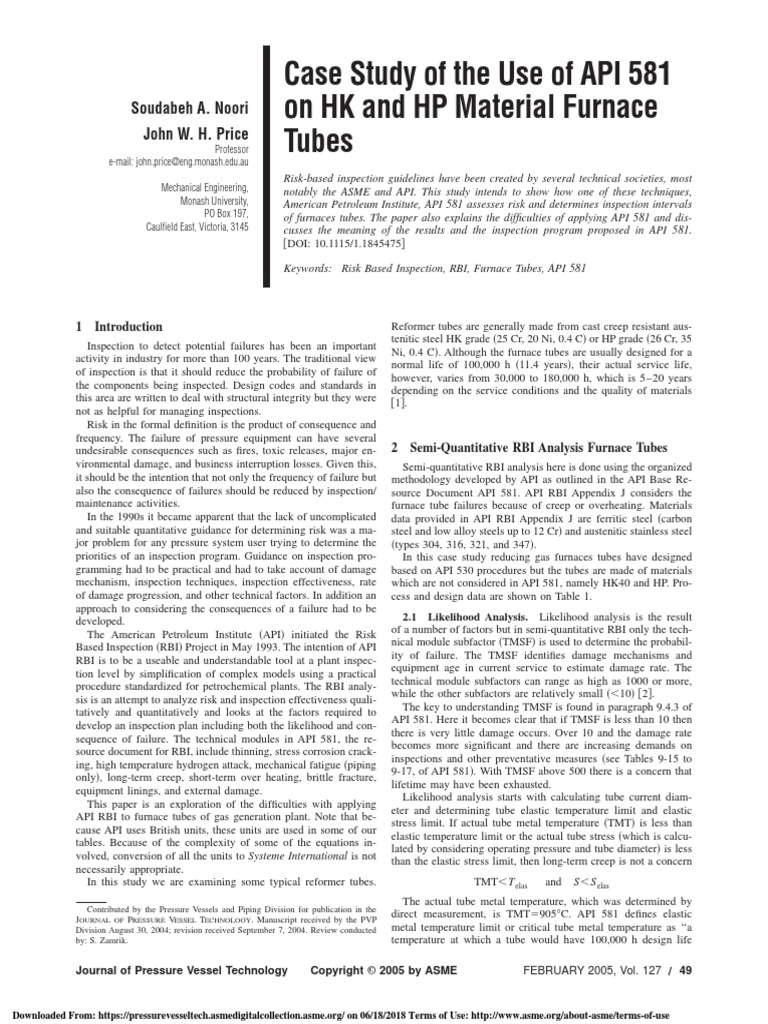 Case Study of The Use of API 581 On HK and HP Material Furnace Tubes ...