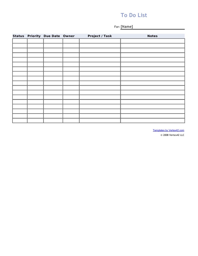 To Do List: Status Priority Due Date Owner Project / Task Notes | PDF