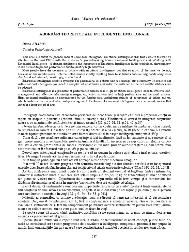 Abordări Teoretice Ale Inteligenţei Emoţionale: Seria " (Tiin/e Ale ...