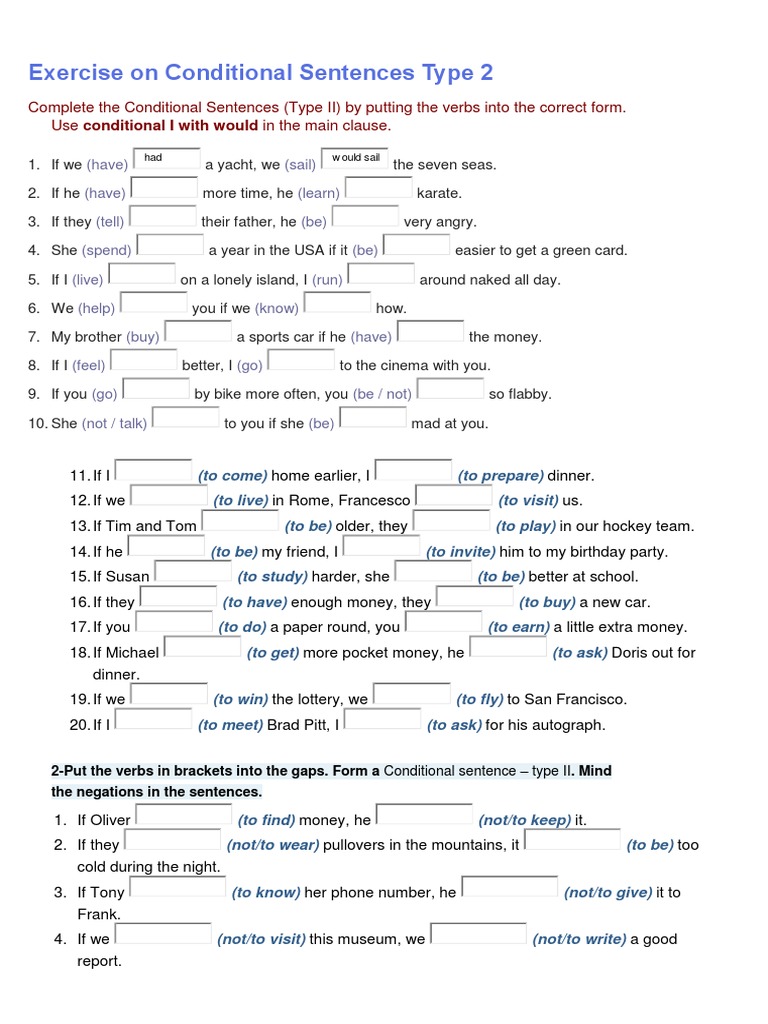 Exercise On Conditional Sentences Type 2. PRACTICE 5º A TECNICA | PDF