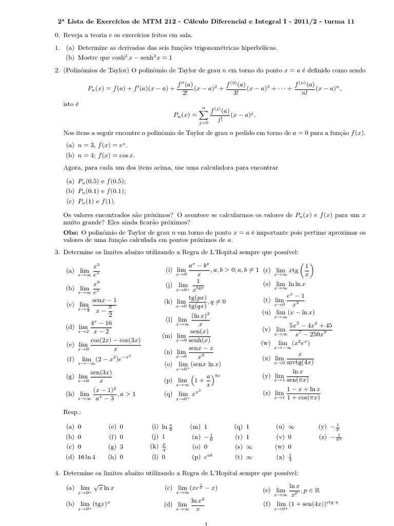 Lista de Exercicios Aplicações de Derivadas | PDF | Derivado | Analise ...