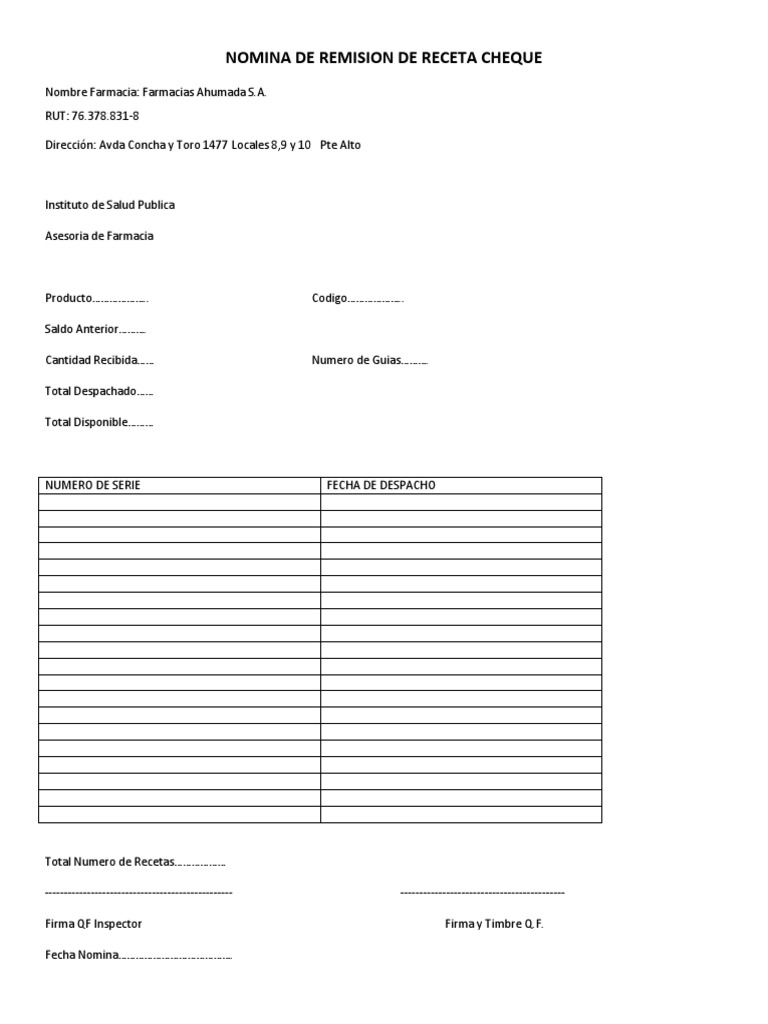 Nomina de Remision de Receta Cheque | PDF