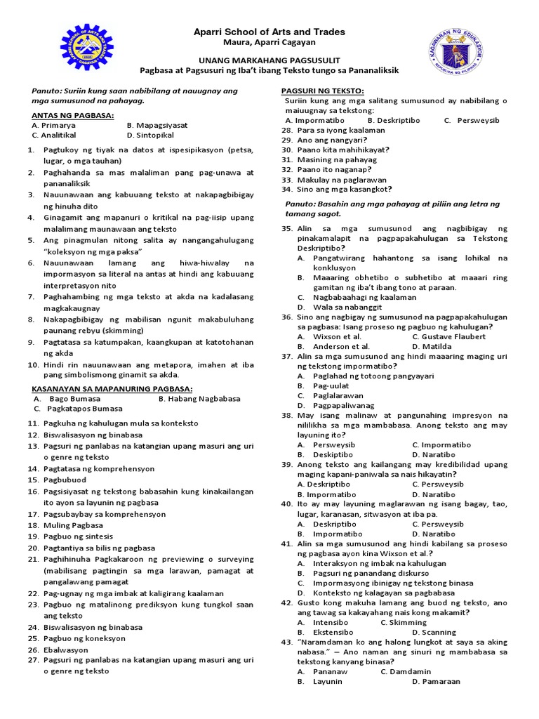 Pagbasa at Pagsusuri Exam 1 | PDF Pagbasa at Pagsusuri Exam 1 | PDF