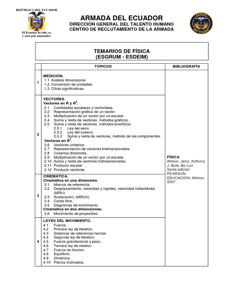 Temarios - Física - Esgrum - Esdeim 2018 | PDF | Vector Euclidiano ...