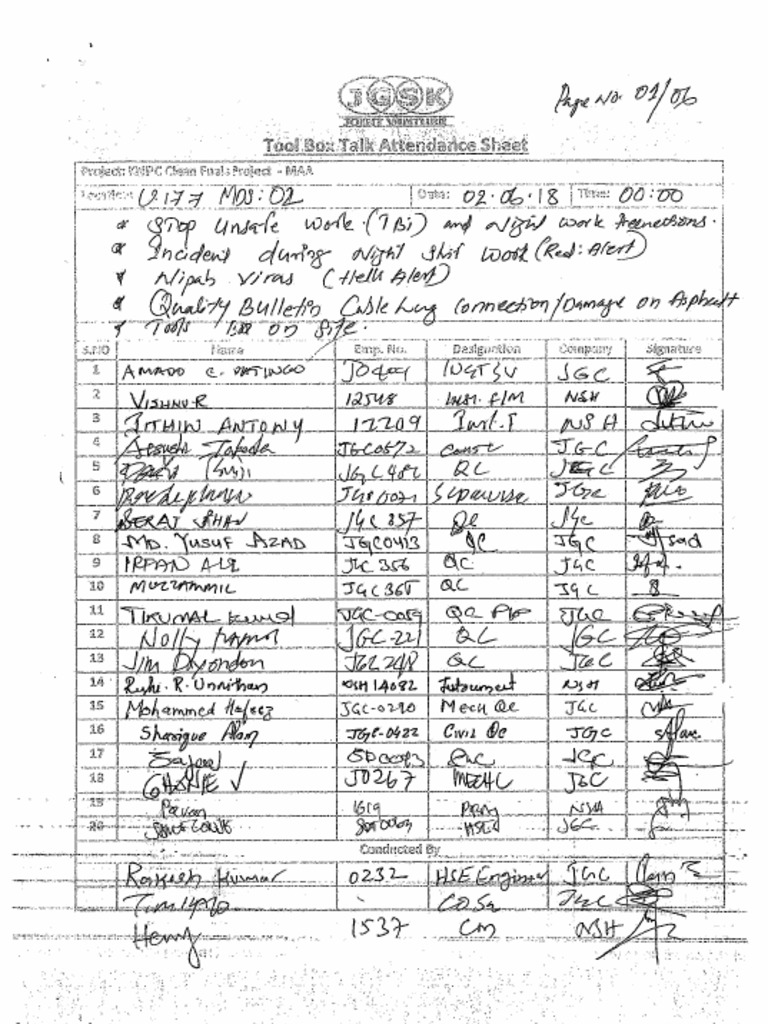 Attendance Sheet TBM | PDF
