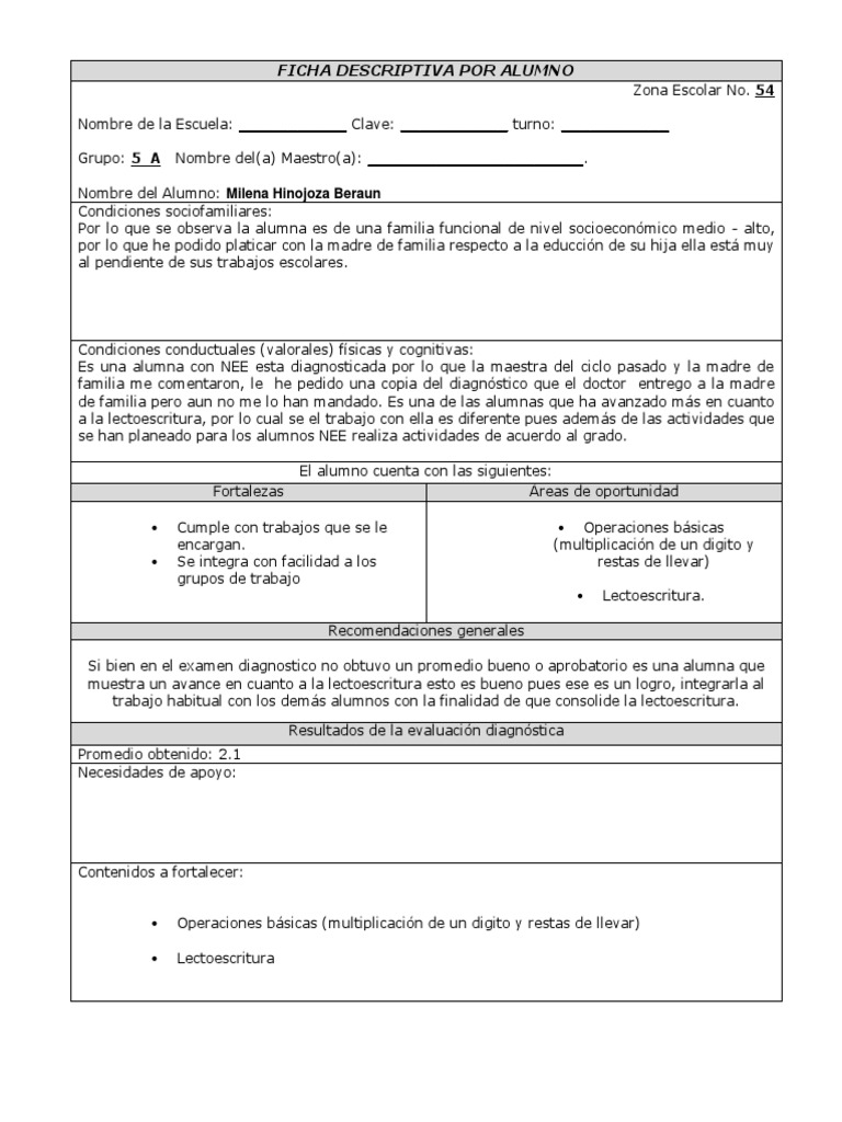 Ejemplo De Fichas Descriptivas Por Alumno De Primaria