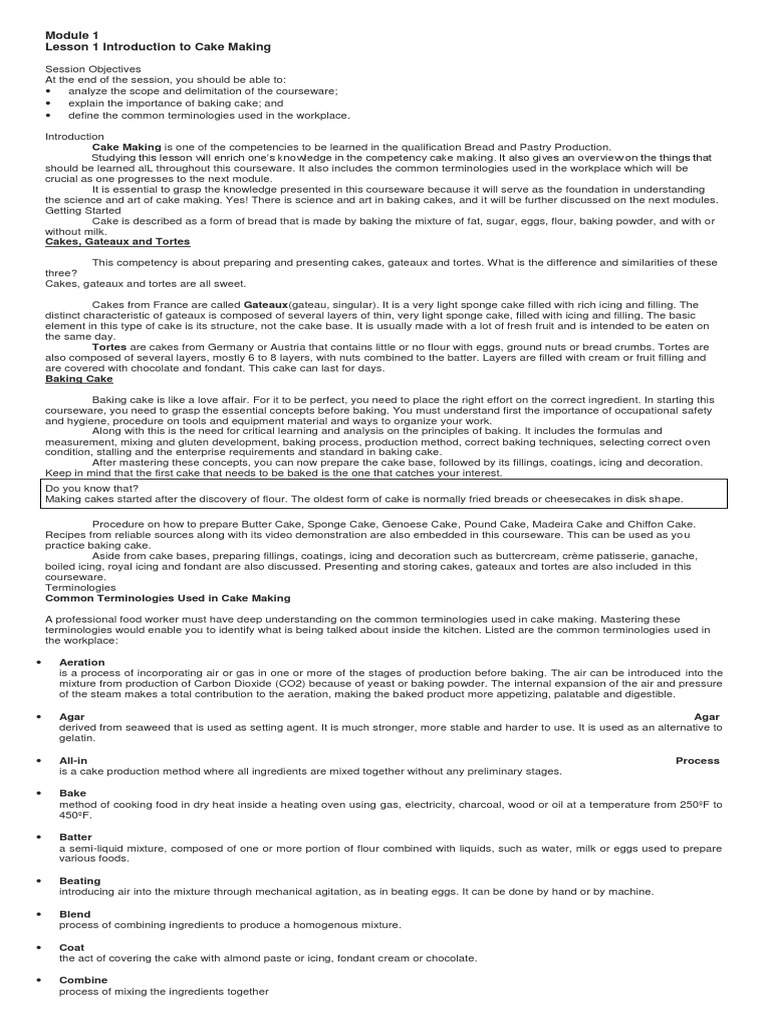 Lesson 1 Introduction To Cake Making | PDF | Cakes | Flour