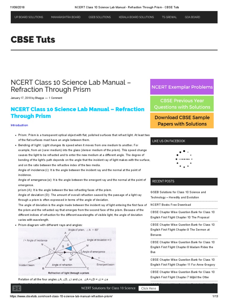 CBSE Tuts: NCERT Class 10 Science Lab Manual - Refraction Through Prism ...