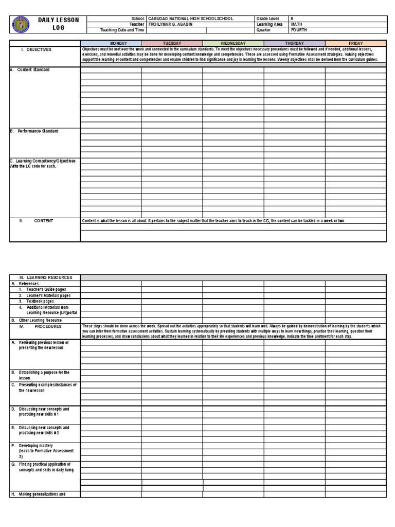 8th Grade Weekly Math Lesson Plan focusing on Content, Learning ...
