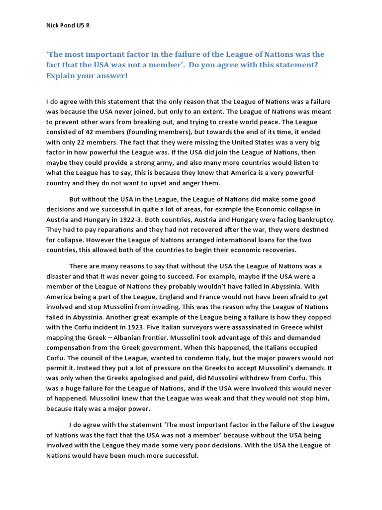 The Most Important Factor in The Failure of The League of Nations Was ...