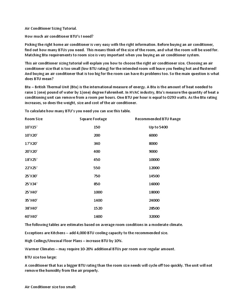 Air Conditioner Sizing Tutorial | PDF | British Thermal Unit | Air ...