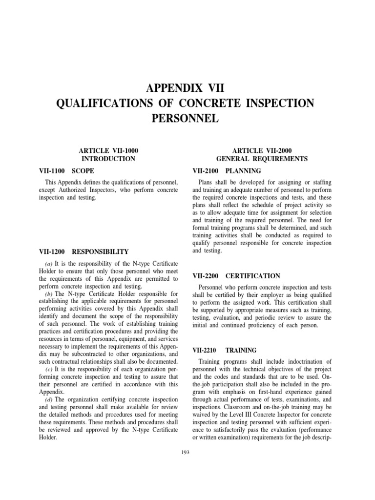 Appendix Vii Qualifications of Concrete Inspection Personnel | PDF ...