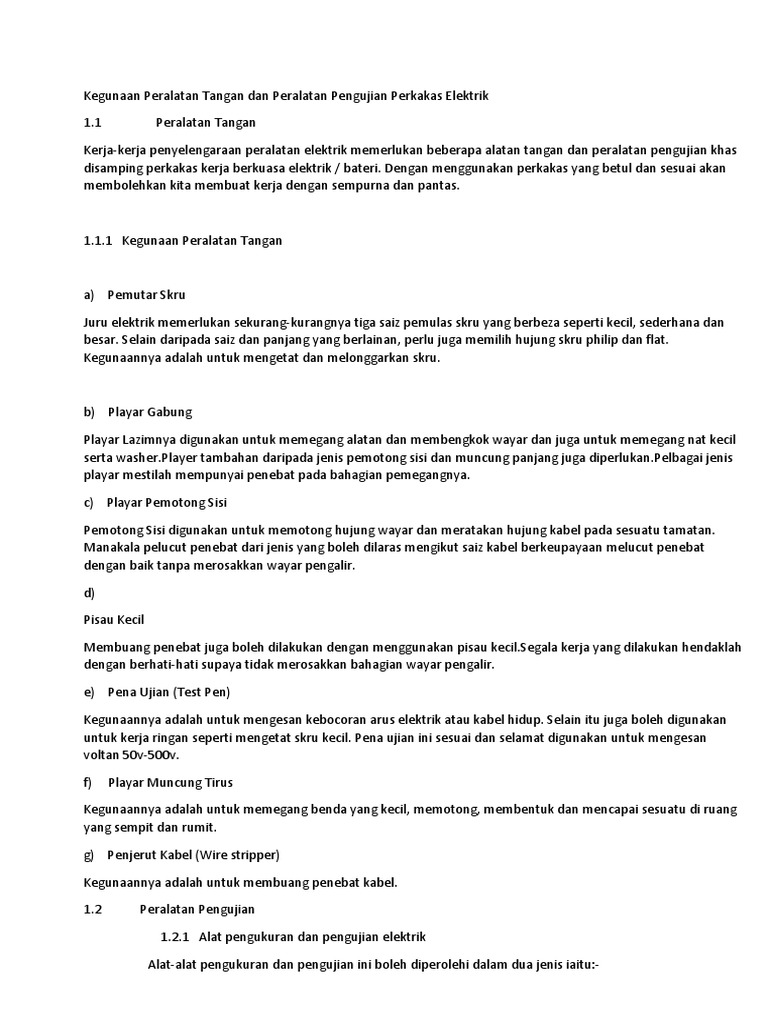 Kegunaan Peralatan Tangan Dan Peralatan Pengujian Perkakas Elektrik | PDF