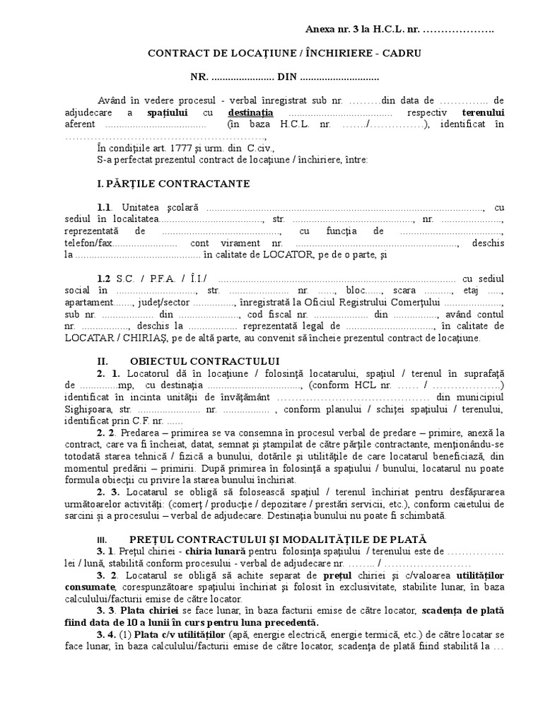 Anexa 3 Contract de Locatiune Chirie Cadru | PDF
