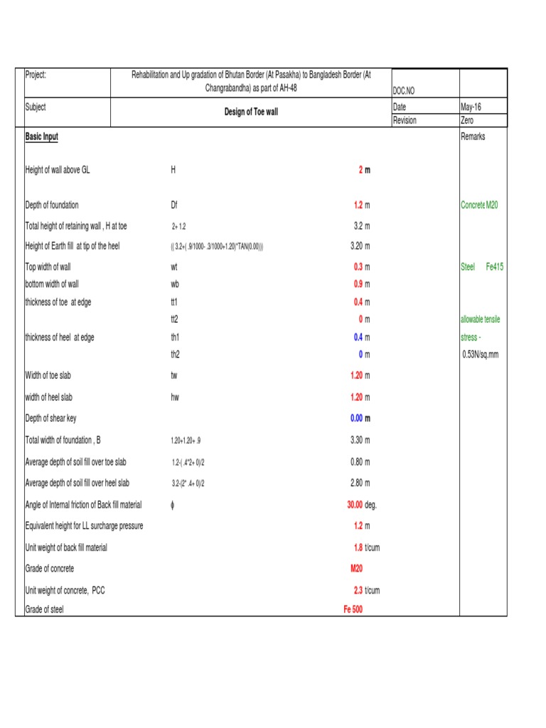 Design of Toe Wall: Concrete M20 | PDF | Classical Mechanics | Civil ...