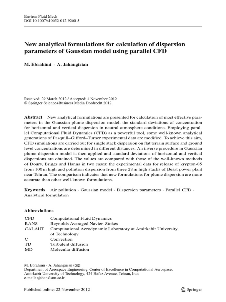 New Analytical Formulations For Calculation of Dispersion Parameters of Gaussian Model Using ...