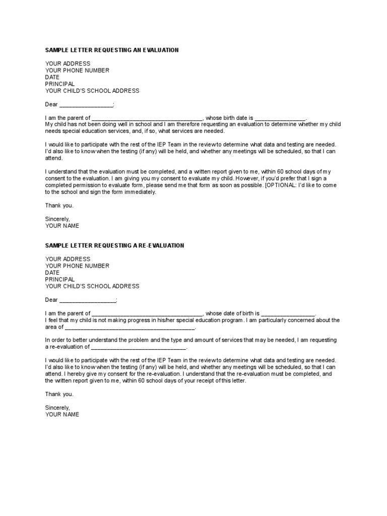 Sample Letter Requesting An Evaluation | PDF