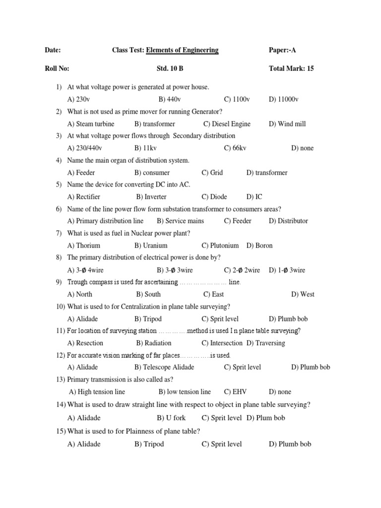Date: Class Test: Elements of Engineering Paper:-A Roll No: Std. 10 B ...