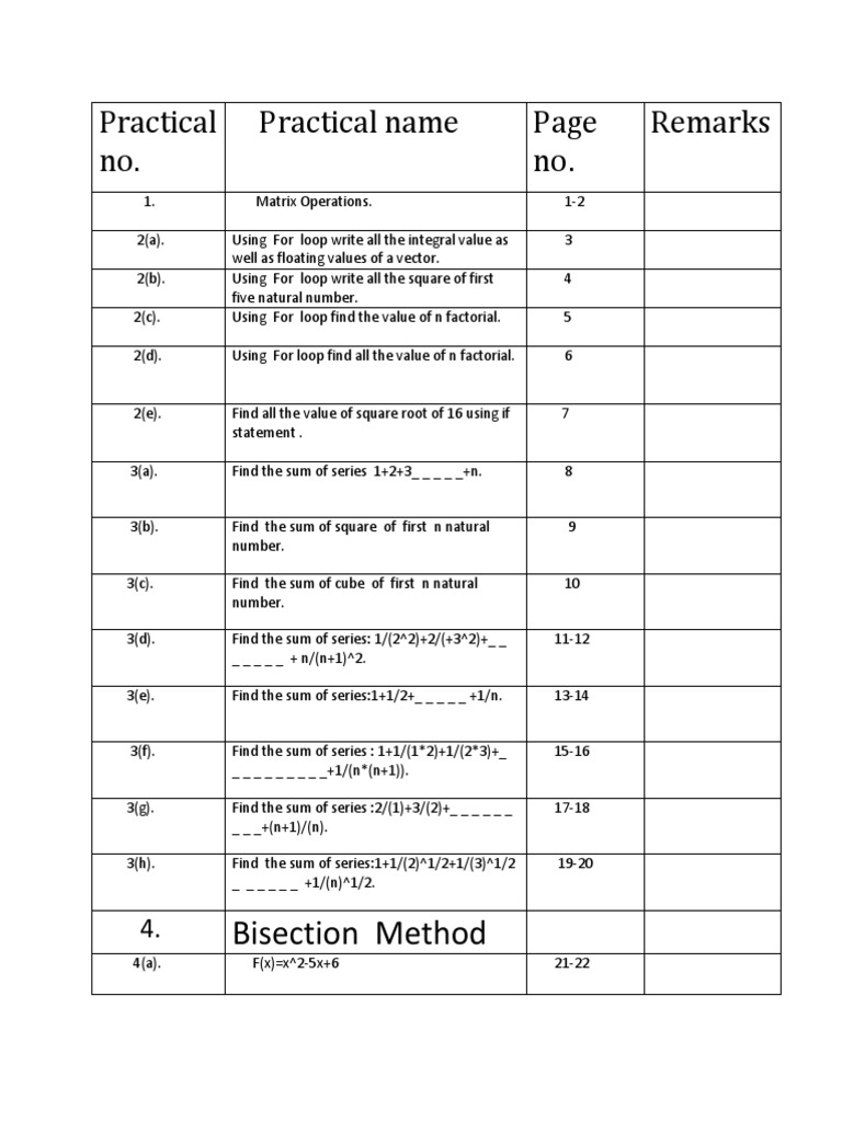 Practical No. Practical Name No. Remarks: Bisection Method | PDF | Numerical Analysis ...