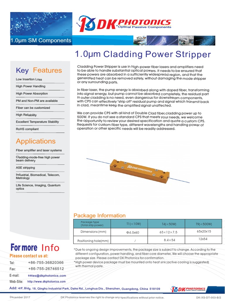 1.0μm SM Cladding Power Stripper | PDF | Optical Fiber | Laser