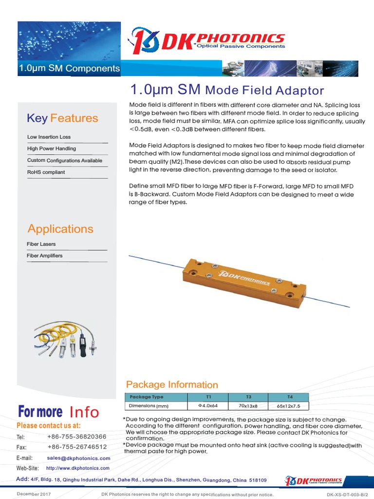 1um SM Mode Field Adapter | PDF | Photonics | Optical Fiber