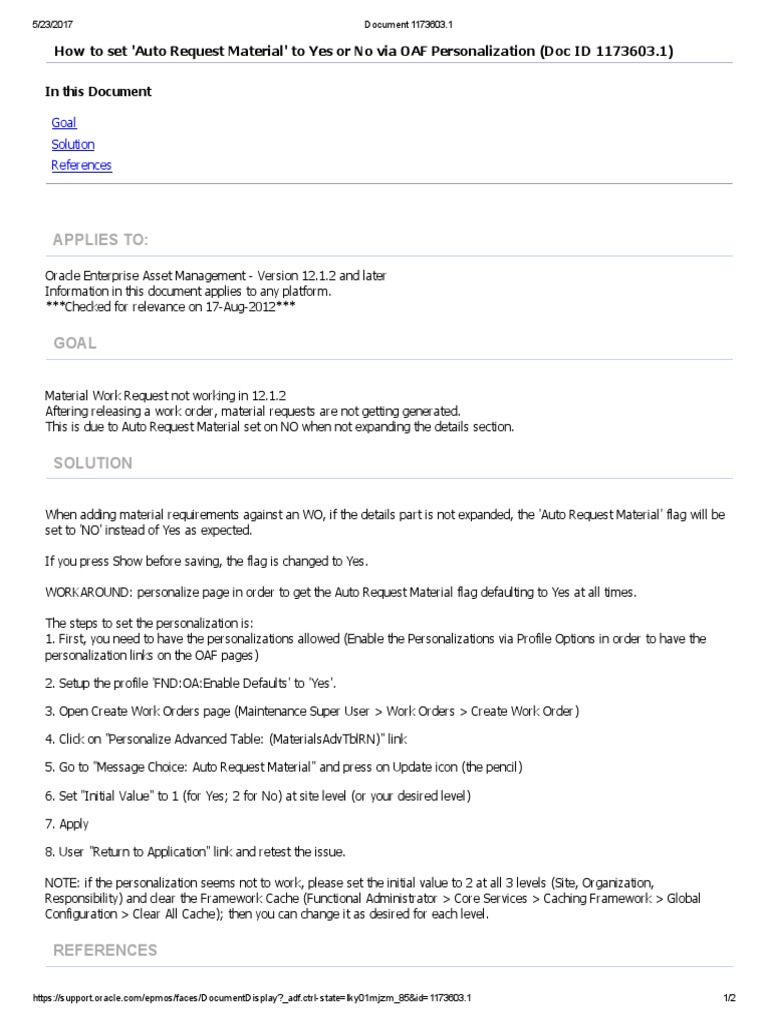 Applies To:: How To Set 'Auto Request Material' To Yes or No Via OAF Personalization (Doc ID ...