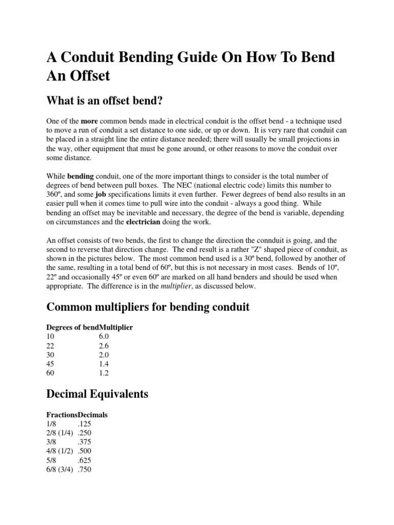 Conduit Offset Bending Guide | PDF | Multiplication | Decimal