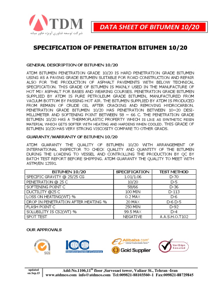 Specifications and Properties of Penetration Grade Bitumen 10/20 for ...
