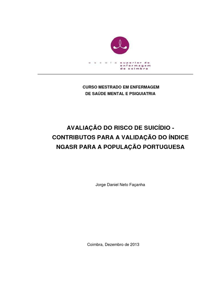 Avaliação Do Risco de Suicídio - Contributos para A Validação Do Índice ...