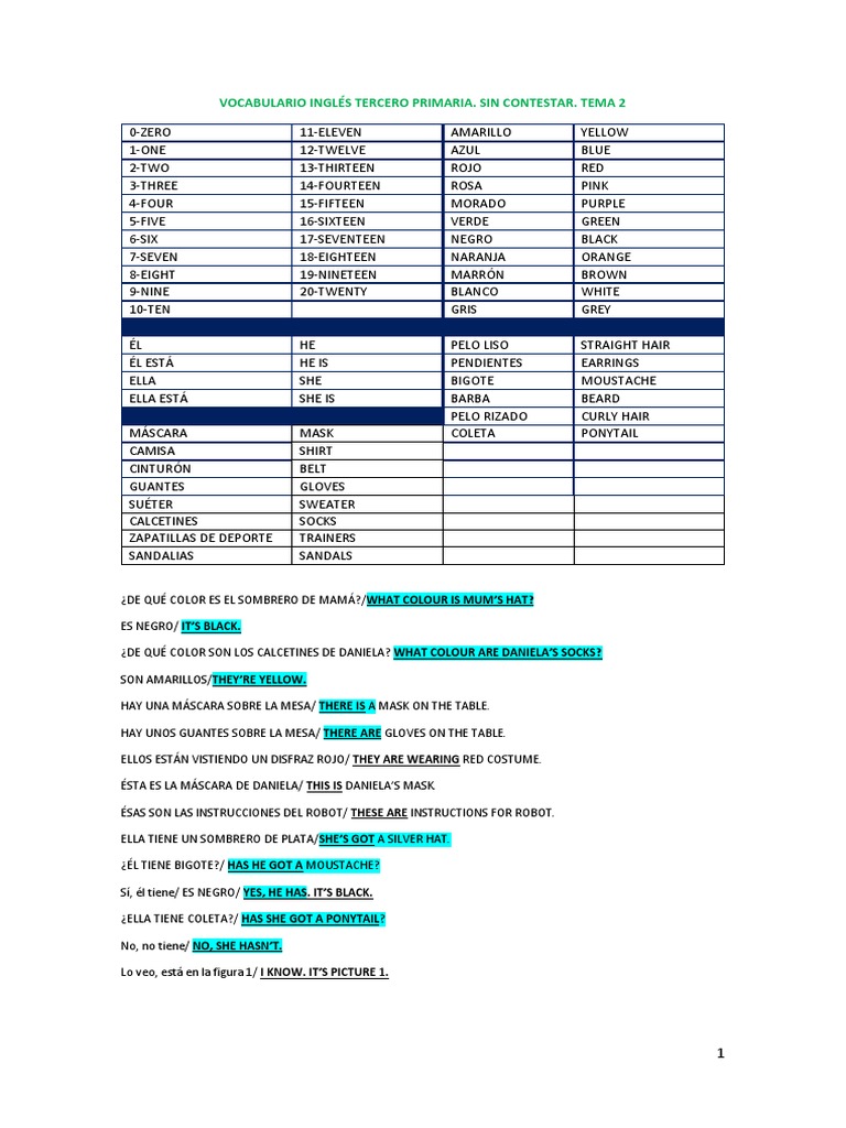 Tema 2 Inglés 3º Primaria | PDF | Qualia | Color