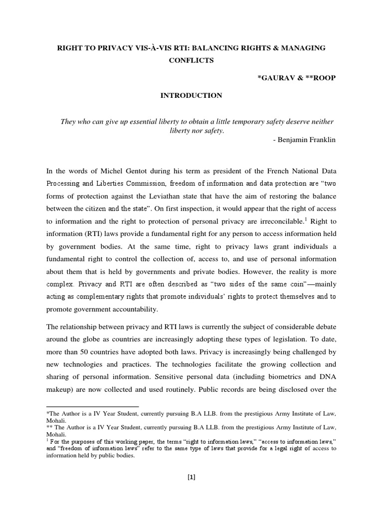 Right To Privacy Vis-À-Vis Rti: Balancing Rights & Managing Conflicts ...