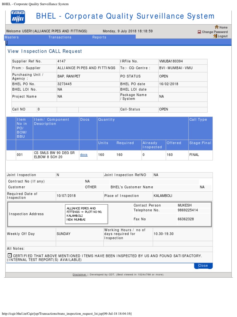 BHEL - Corporate Quality Surveillance System: View Inspection CALL ...