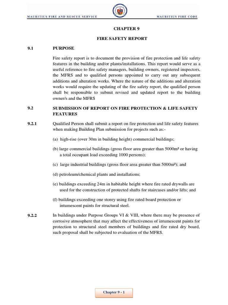 Fire Safety Report 9.1 Purpose: Chapter 9 - 1 | PDF | Fire Safety ...