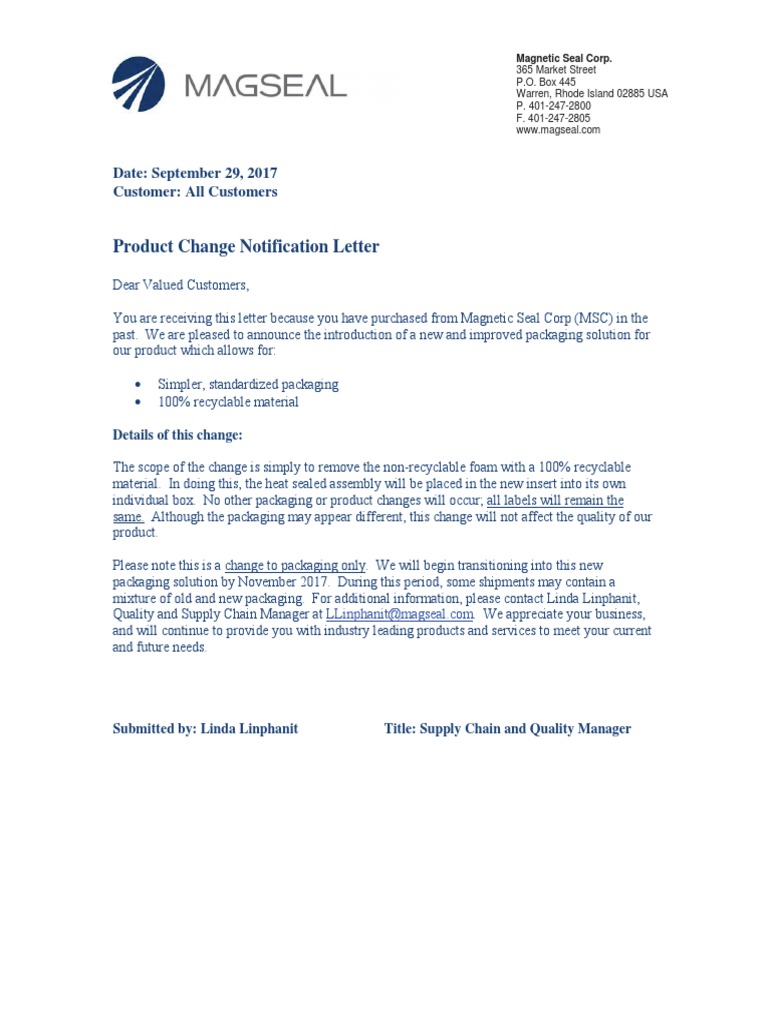 Product Change Notification Letter: Date: September 29, 2017 Customer ...