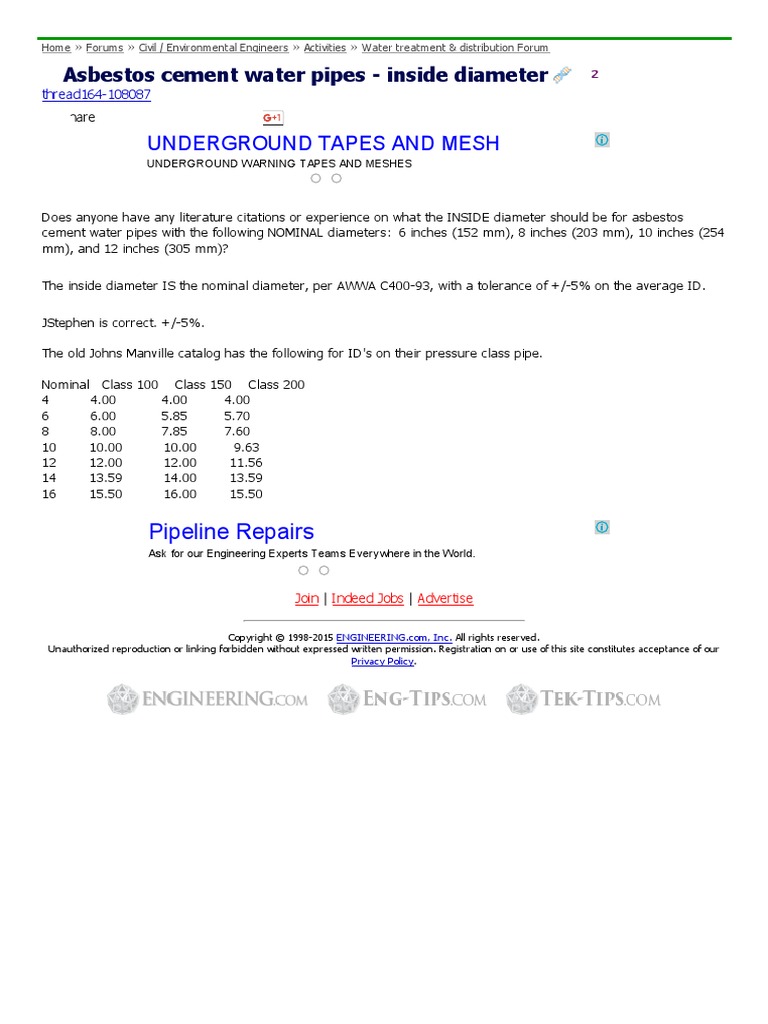 Asbestos Cement Pipe Specifications | PDF