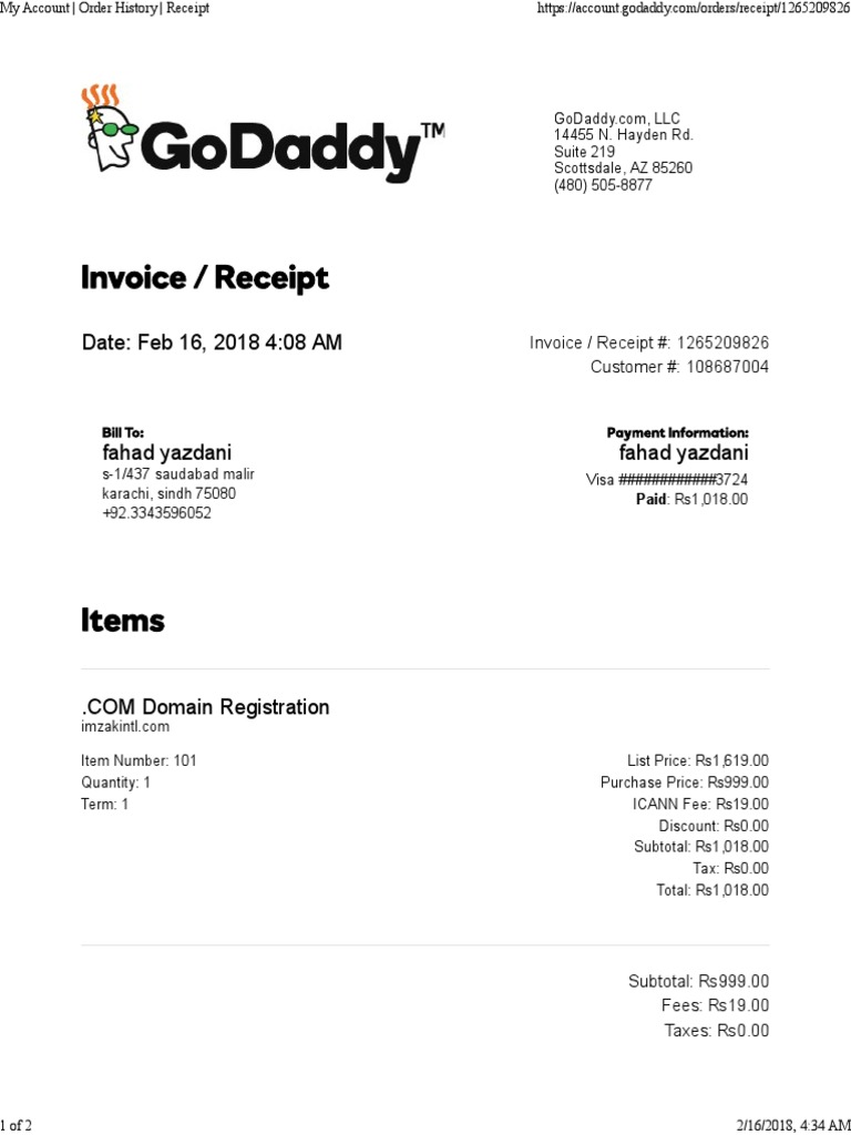 GoDaddy Order Receipt for imzakintl.com Domain Registration | PDF