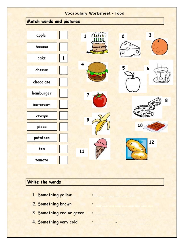 Vocabulary Matching Worksheet Food Fun Activities Games - 3606 | PDF